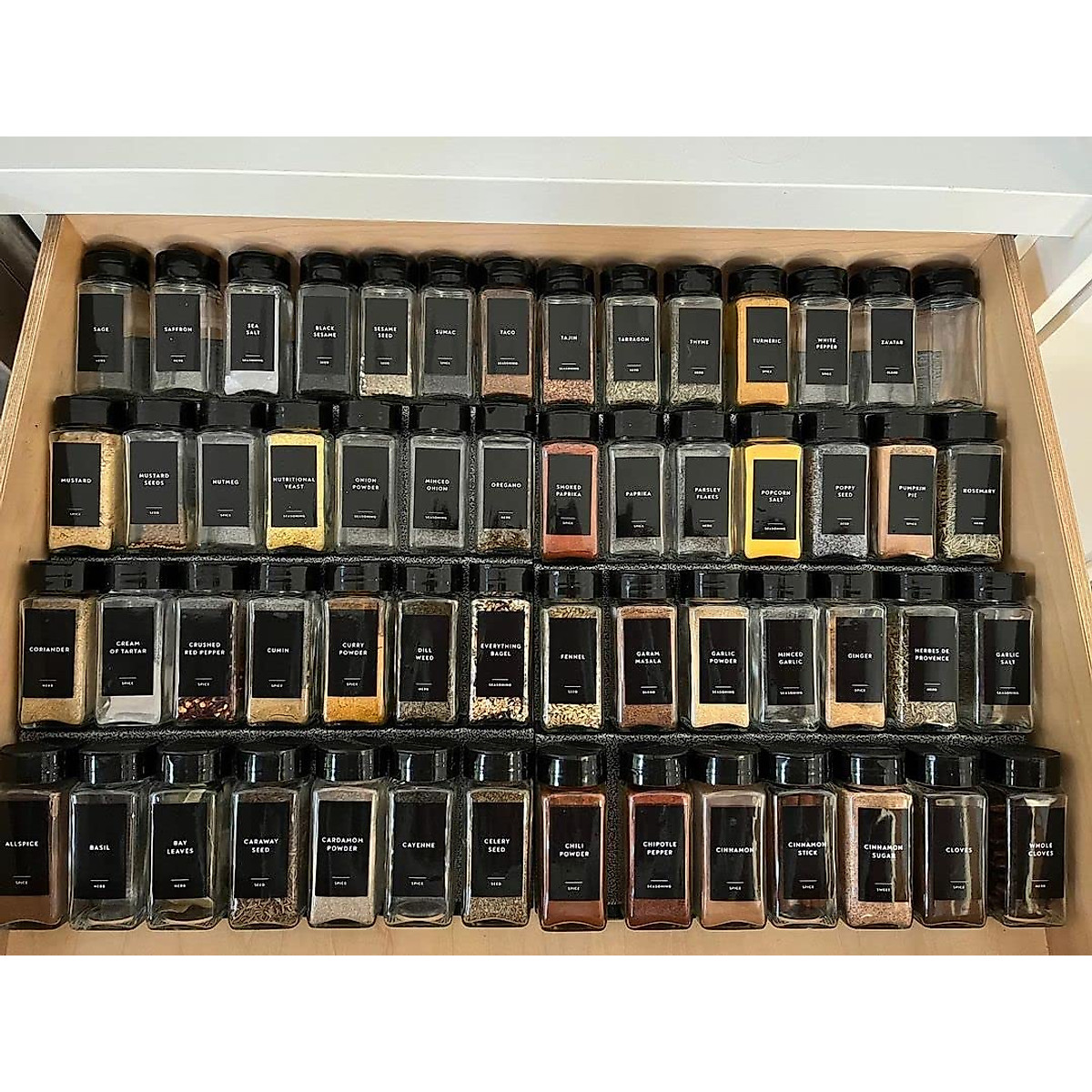 Laramaid 4oz 48Pack Glass Jars with 304 Minimalist Black Premium Spice Labels, Black Plastic Shaker Lid Dispenser, White Chalk Marker, Cleaning Brush and Collapsible Silicone Funnel