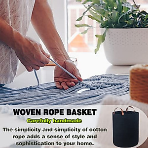 Twira Extra Large 20x16 Inches Cotton Rope Basket, Woven Baby Laundry Blanket Basket with Leather Handle Toy Basket Storage Baskets Bin for Yoga Mat & Towel (Black）