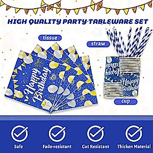 VYTSYD Blue Birthday Party Decorations Packs, 120 Pcs Blue and Gold Foil Dots Happy Birthday Party Supplies for Men Boys | Navy Blue Plates and Napkins Cups Straws Cutlery Set, Serve 24