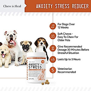 Chew + Heal Dog Calming Treats - 60 Soft Chews, Anxiety Supplement - Stress Relief Thiamine and L-Tryptophan for Travel, Storms, Fireworks - with Ginger and Melatonin - Made in The USA