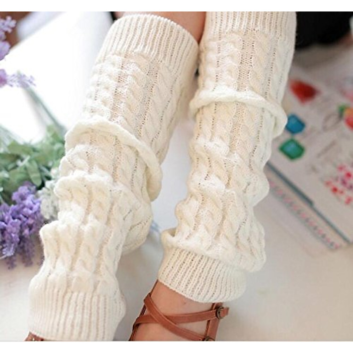 Elandy Knit Winter Thermal Warm Leg Warmers-Long Socks Boot Cuffs Topper Legging Pads For Women Lady Girls Best Xmas Gift (White)
