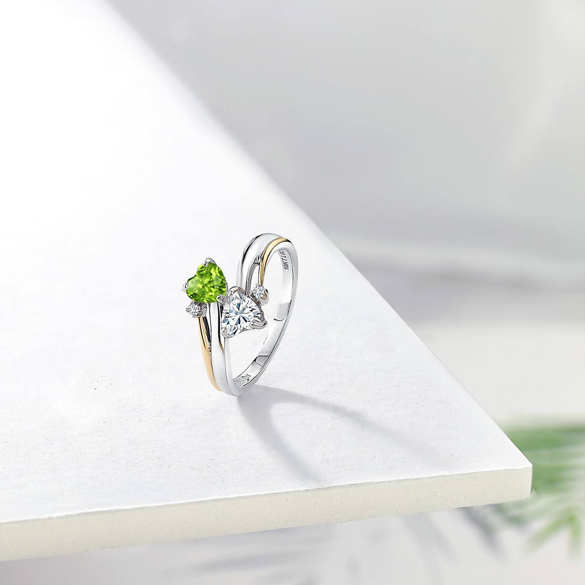 925 Silver and 10K Yellow Gold Green Peridot and Moissanite from Charles & Colvard 2 Heart Promise Couple Engagement Mother Ring (1.02 Cttw, Gemstone Birthstone, Available In Size 5, 6, 7, 8, 9)