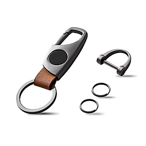 Gkeygo Carabiner Keychain, Key Chains for Car Key with 2 Key Rings and Anti-Lost D-Ring, Multifunctional Keychains for Men and Women – Grey(Brown Leather)