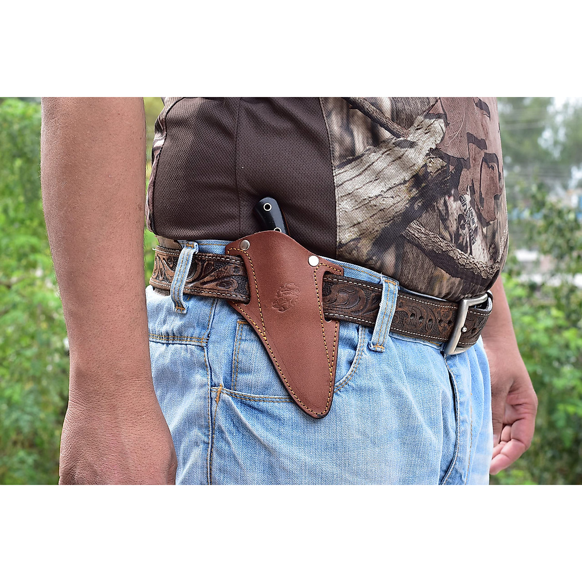 Knives Ranch Handmade Damascus Steel EDC Utility Knife - Full Tang - Burlap Micarta Handle - Heavy-Duty Pancake Sheath Snug Fit (3112-M)