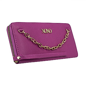 XOXO Women’s Wallet Small Magenta Saffiano Leather Sleek Zip Around With Chain And Wristlet