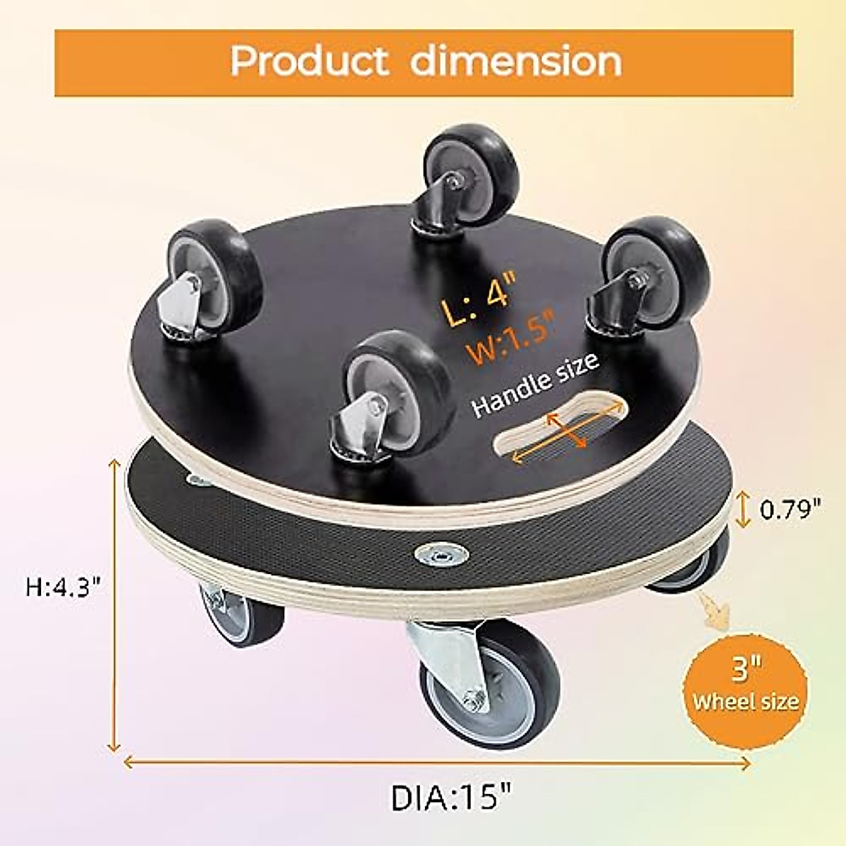 15-Inch Round Wood Platform Dolly with TPR Silent 3" Wheel, 551-lb Load Capacity Heavy Duty Wood Furniture Dolly, Multifunctional Movers Carrier,Plant Dolly, Two Pack