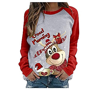 Christmas Shirts for Women Ugly Sweaters Good Morning Letters Cute Deer Printing Blouses Long Sleeve Crewneck Warm Tops Gray