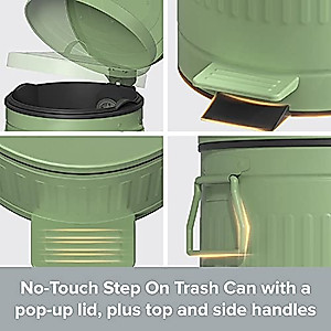 Retro Trash Can with Lid - 5L/1.3 Gal Step Trash Can w/ Soft Closing Lid - Round Garbage Can w/ Handles - Touchless Trash Can w/ Removable Garbage Guard Bucket - Outdoor Garbage Bin - Small Trash Can, Green