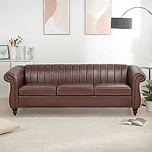 EMKK 84inch 3 Seater Sofa Modern Upholstered Couch Faux Leather Sofá for Living Room, Rolled Arm Chesterfield Small Spaces,Bedroom,Apartment,Dorm,Office, Dark Brown 84''