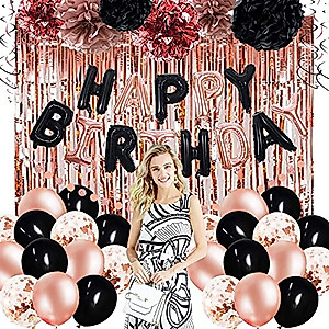78 Pack Black Rose Gold Birthday Party Decoration Kit, Black Rose Gold Confetti Balloons, Curtains, Paper Flowers, Hanging Swirl and Circle Dot Garland for Girl Women Birthday Party Supplies