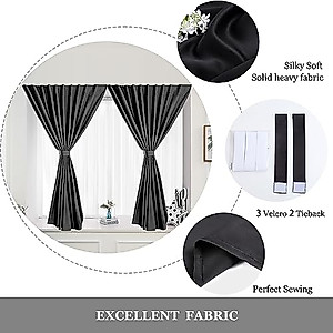 Muamar Velcro Blackout Curtains for Bedroom 2 Panels with Tiebacks(Black, 34" W x 45" L),Without Rods Small Curtains,Kitchen Curtains,Easy Install for Window, Bathroom Door,Wardrobe, Cabinet Etc