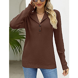 LOMON Womens Sweaters Fall 2024 V-Neck Collared Tops Winter Long Sleeve Buttons Knit Trendy Pullover Business Dressy Casual Jumper (Coffee,Medium)
