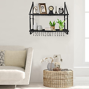 JS HANGER Pot Rack Wall Mounted, 2 Tier Pot and Pan Hanging Rack Organizer Wall Shelves with 16 Hooks for Kitchen Cookware Utensils Organization Black