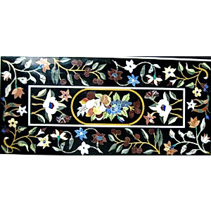 48" x 24" Inch Natural Black Marble Dining Table Pietra Dura Floral Marquetry Patio Table, Outdoor Furniture Table, Italian Style Table