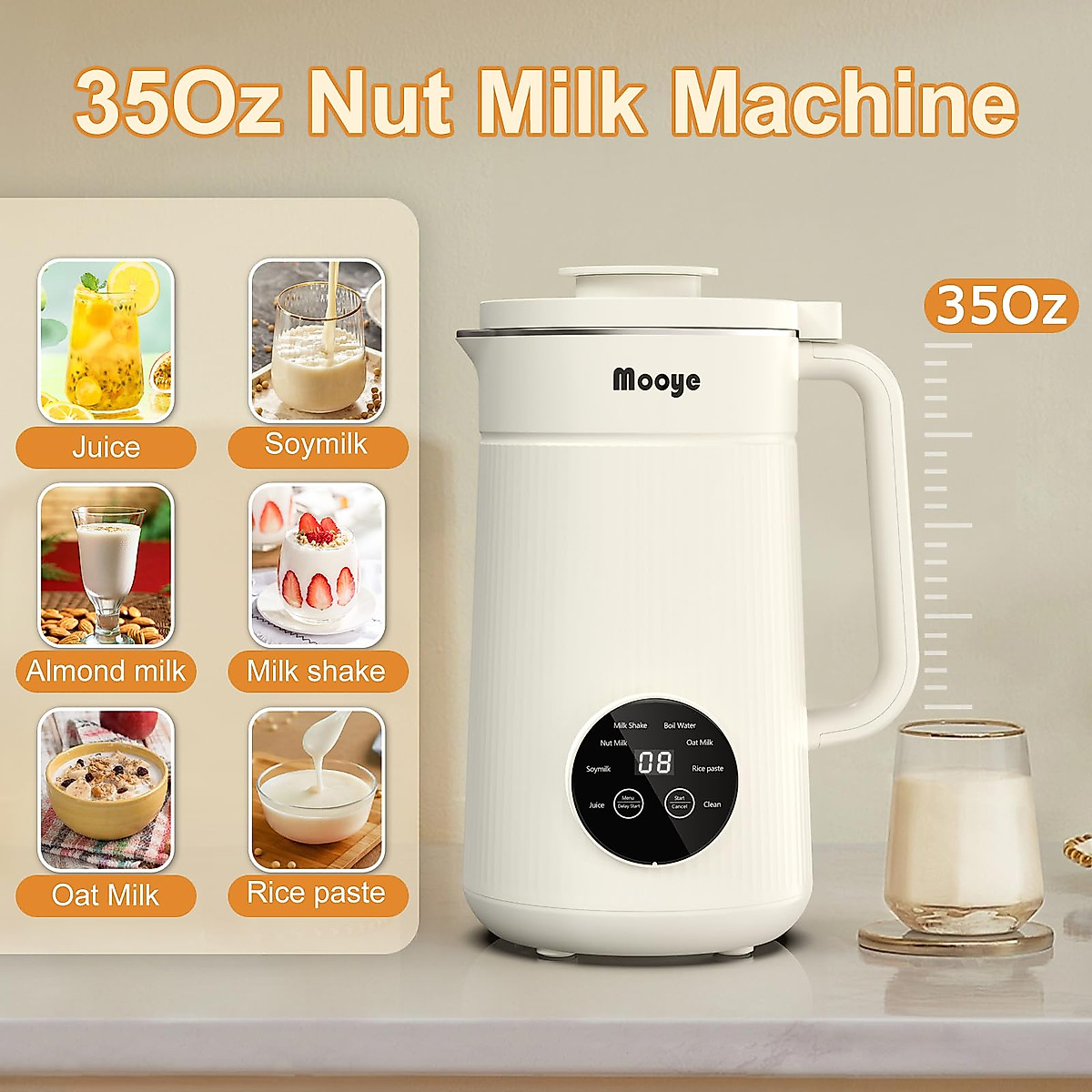 Mooye 35oz Automatic Nut Milk Maker with Nut Milk Bag - Homemade Almond, 10 Blades, Oat, Soy Milk Machine - Auto-operation, 12 Hours Timer, Easy Cleaning - Dairy-Free Beverages