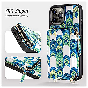 iPhone 12 Pro Max Crossbody Wallet Case, ZVEdeng iPhone 12 Pro Max Card Holder Case Crossbody Chain Strap for Women Zipper Purse Protective Leather Case for iPhone 12 Pro Max 6.7'' Peacock Print Skin