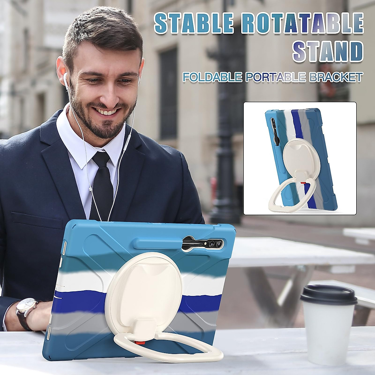 360 Rotation Case for Samsung Galaxy Tab S9 Ultra 14.6" Sturdy Cover Rotate Ring Stand Shoulder Carrying Strap Hand Strap Rugged Children Adults Outdoor Case (Colourful Blue)