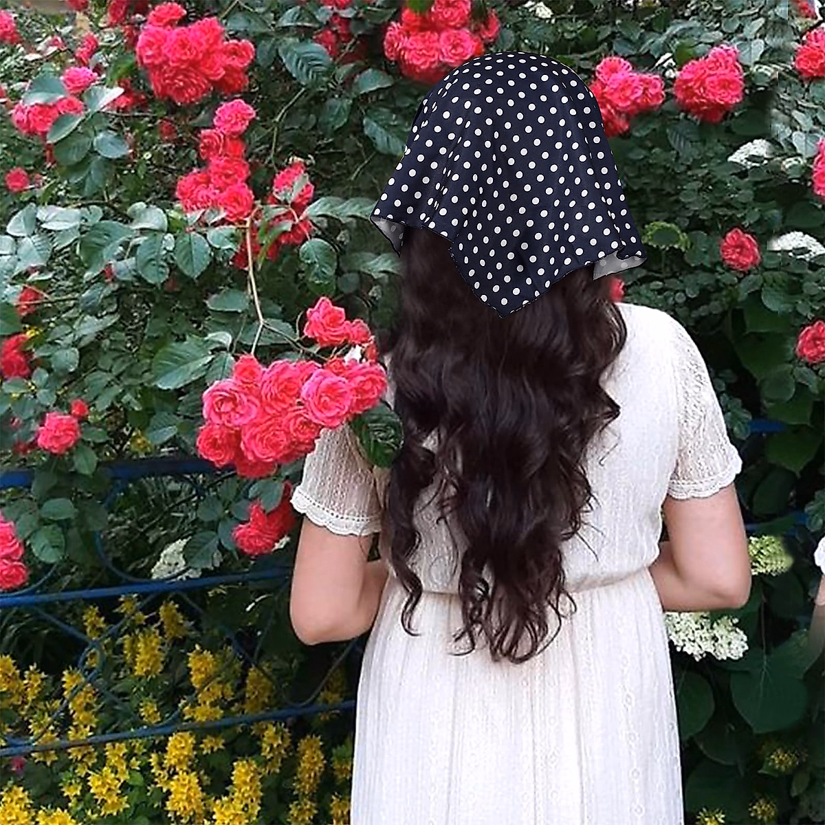 CHLINS 3 PCS Floral Hair Bandanas Kerchief Women Bandana Chiffon Scarf Triangle Kerchief with Ties Head Scarf (Polka dot (Red+Navy+Black))