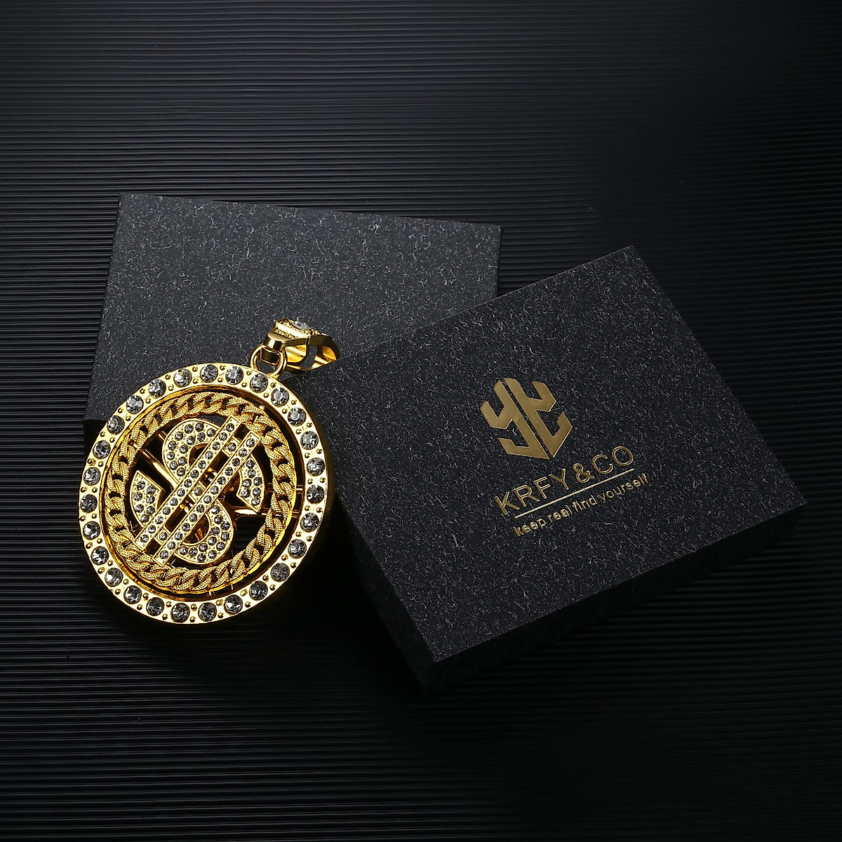 Krfy Gold Money Dollar Sign Chain Necklace For Men Rotatable Rapper Hip Hop Fake Chain 18k Gold Plated Halloween Old School Big Chunky Turnover Punk Style Necklace