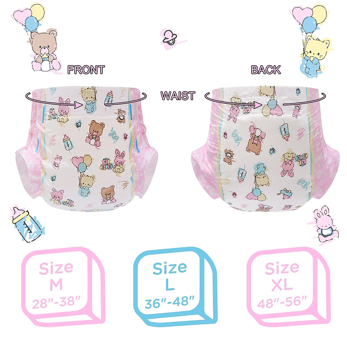 Littleforbig Printed Adult Brief Diapers 10 Pieces - Baby Cuties (Medium 28"-38")