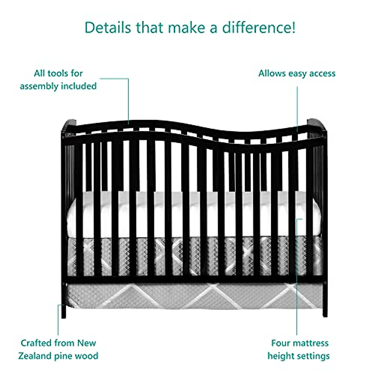 Dream On Me Chelsea 5-In-1 Convertible Crib In Black, JPMA Certified