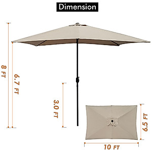 ontheway 6.5x10 ft Rectangular Patio Umbrella, Outdoor Market Table Umbrella with Hand Crank, Rust-Resistant Frame, 6 Steel Ribs, Swimming Pool, Garden, Courtyard, Lawn