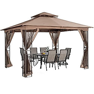 HAPPATIO 10' X 12' Patio Gazebo with Ventilation Double Roof，Outdoor Gazebo with Mosquito Netting for Lawn, Garden (Light Brown)
