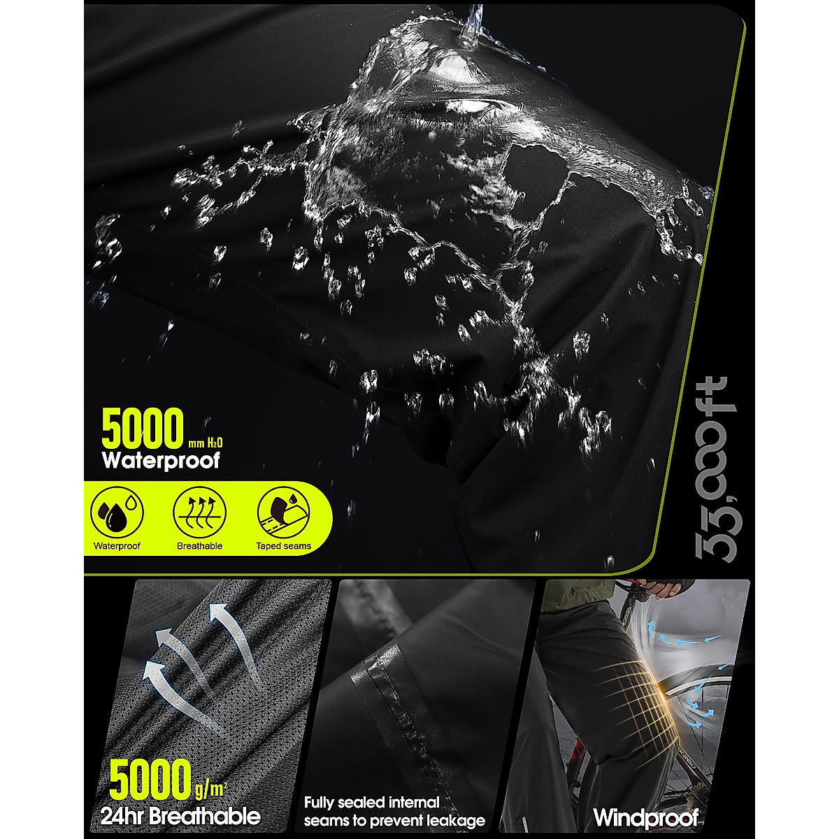 33,000ft Men's Rain Pants Waterproof Rain Over Pants Windproof Lightweight Outdoor Rain Pants for Work Golf Hiking Fishing Black