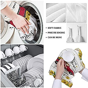 Kitchen Towels – 28”x 18”Large Kitchen Hand Towels Red Truck Loads of Sunflower on The Wooden Board Soft Microfiber and Absorbent Towels Set with Hanging Loop