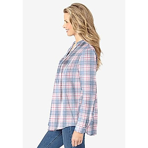 Woman Within Women's Plus Size Pintucked Flannel Shirt - 3X, Pink Sorbet Plaid
