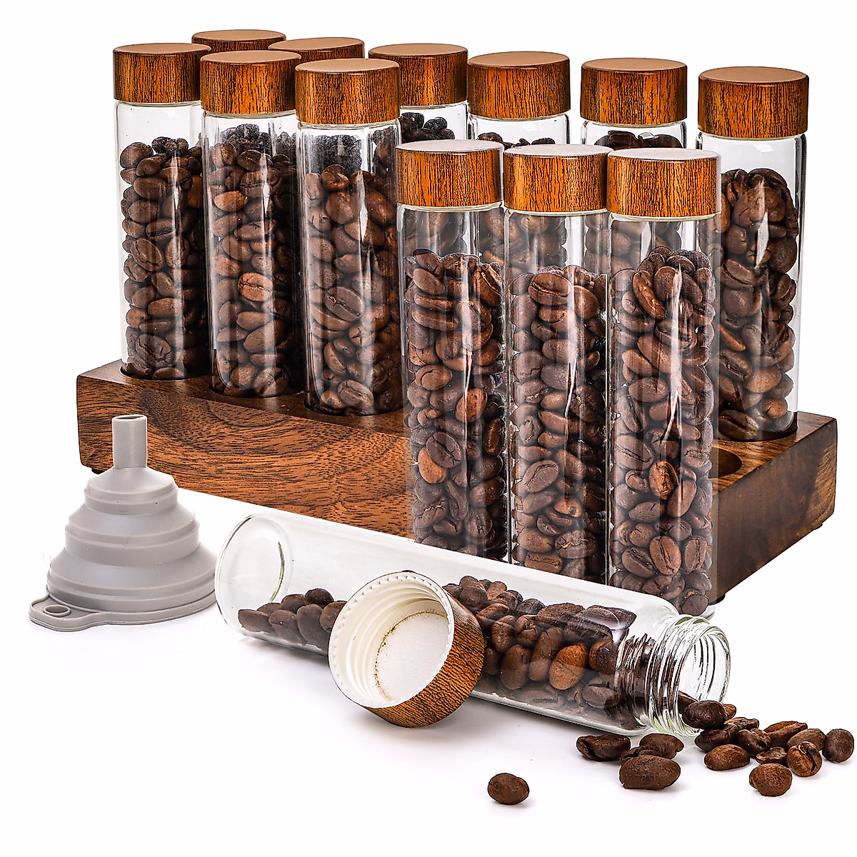 Goaste 12 Pack Coffee Bean Storage Tubes, Glass Cellars with Wooden Stand, Dosing Vials with Lids and Funnel for Tea, Spices, 2oz