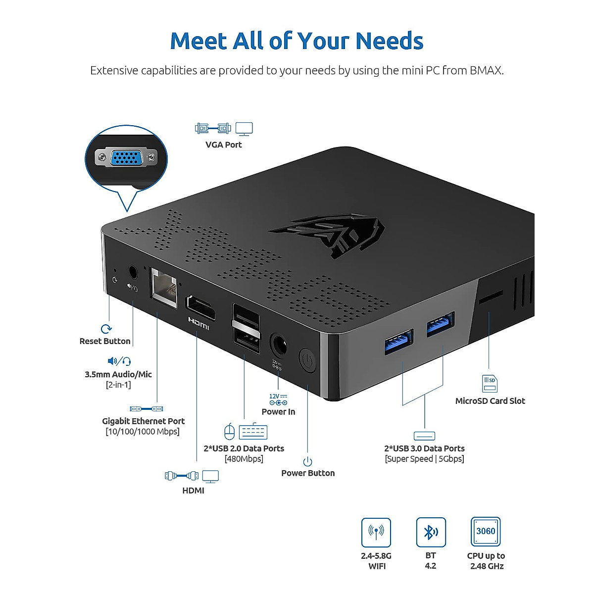 Mini PC Intel Celeron N3350(up to 2.4GHz) Windows 10 6GB RAM/64GB eMMC HDMI/VGA Port Support M.2_SATA_2280 SSD 4K HD Gigabit Ethernet 2.4G/5.0G Dual WiFi BT4.2 Micro PC
