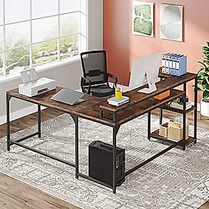 Tribesigns L Shaped Desk with Monitor Stand and Storage Shelves, Farmhouse Corner Computer Desk with Hutch, Crafting Gaming Table for Home Office, Rustic Style