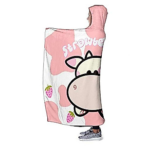 Strawberry Milk Cow Hooded Blanket Ultra Soft Wearable Throw Blanket Coral Fleece Blanket Hoodie Cloak for Sofa Lounge Bed Napping Large 80x60In （Queen） Adults