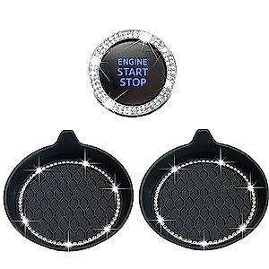Pinepoem PINEPOEM Universal Car Cup Coaster with Push to Start Button Decoration Ring, Crystal Rhinestone Car Engine Push Start Stop Ring, Bling Car Interior Accessories
