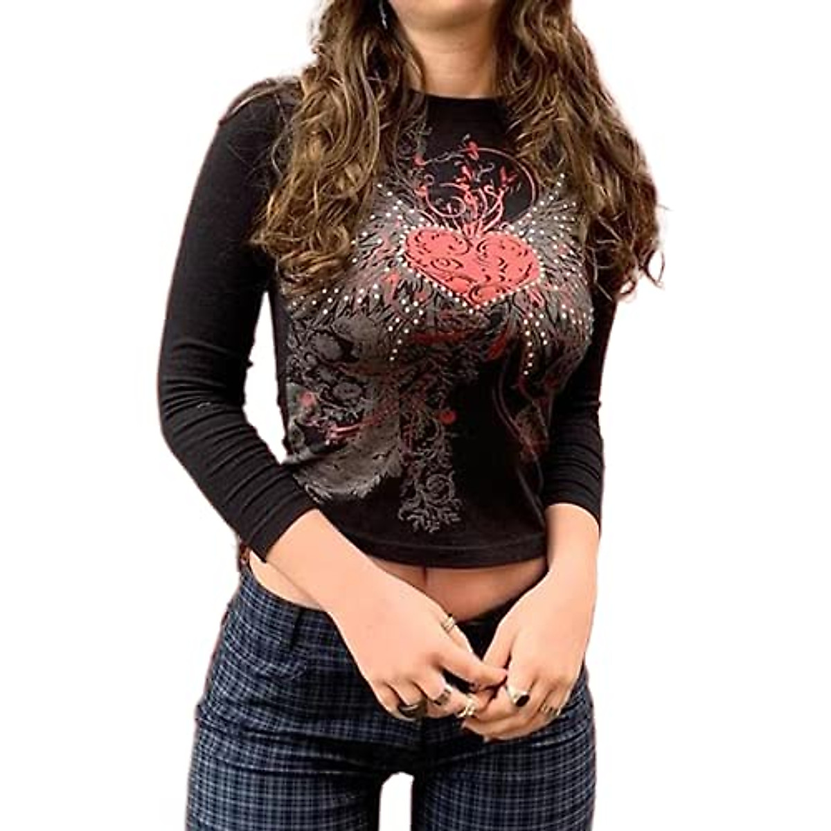 Women Y2K Long Sleeve Top Tee Sexy Graphic Print Shirt Rhinestone Slim Fit Blouse Tops Streewear (A-Balck,S)