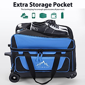 GoHimal Double Roller 2 Ball Bowling Bag with Separate Shoe Compartment for Bowling Shoes (Up To US Mens Size 15) and Oversized Accessory Pocket, Retractable Handle - Extends to 40" (Black-Blue)