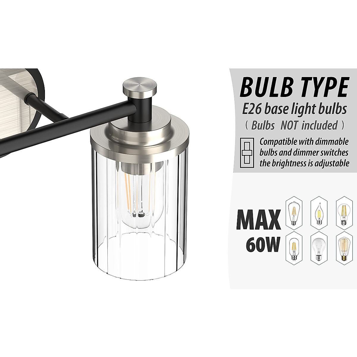 PHIXART Bathroom Lighting Fixtures Black and Brushed Nickel Bathroom Vanity Light with Cylindrical Clear Stripes Glass Lampshade E26 Socket Base Bathroom Lighting Fixtures Over Mirror (3 Lights)