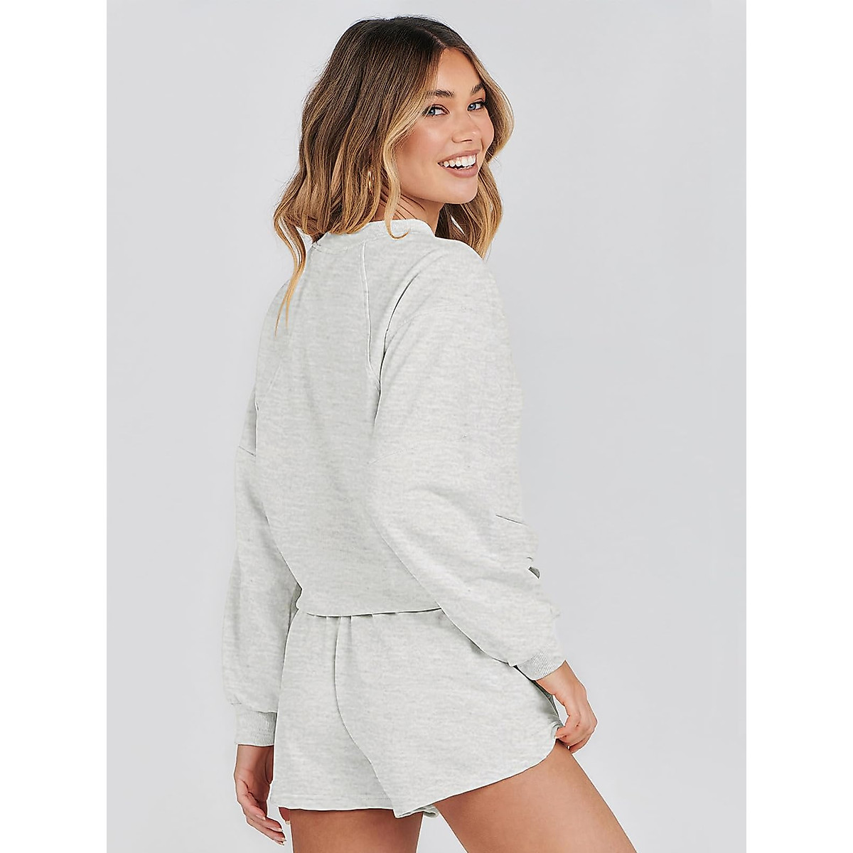 MEROKEETY Women's 2025 Fall Oversized Batwing Sleeve Lounge Sets Casual Top and Shorts 2 Piece Outfits Sweatsuit Light Grey