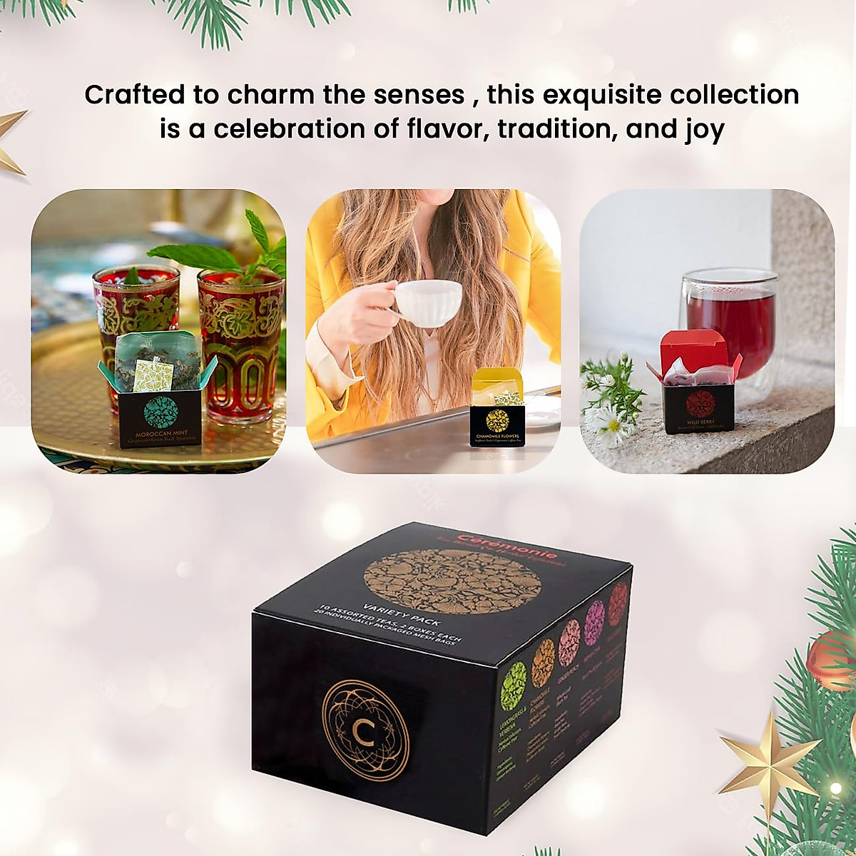 Variety Pack Gourmet Tea Sampler, by Ceremonie Tea. A Collection of 10 Different Assorted Single Serve Flavors, Set of 2 each Petite Mini Cube Tea Bags.20 total silk cubes (Pack of 20)