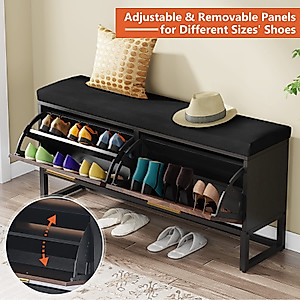 Tribesigns Storage Bench With Seat Cushion, Entryway Shoe Bench With 2 Flip Drawers, Hallway Cabinet, Hidden Organizer for Living Room, Bedroom, Mudroom, Black