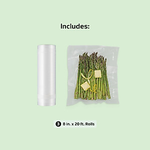 FoodSaver Vacuum Sealer Bags, Rolls for Custom Fit Airtight Food Storage and Sous Vide, 8" x 20' (Pack of 3)