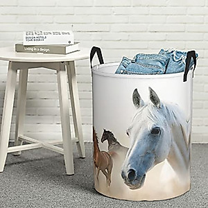 White Horse Running Horses Large Laundry Hamper With Handle Foldable Durable Laundry Basket Organizer Storage Bin Dirty Clothes Bag Hamper For Bedroom Nursery Bathroom