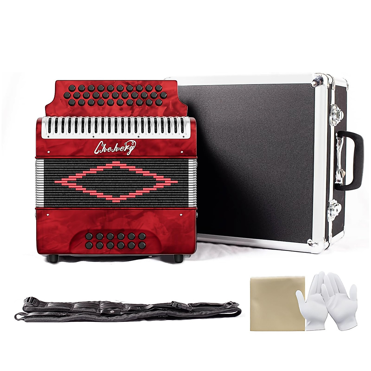 31-Key Diatonic Accordion, 12 Bass, G/C/F, Accordion Instruments for Adults With Suitcase, Cleaning Cloth, Straps and Gloves (Red)