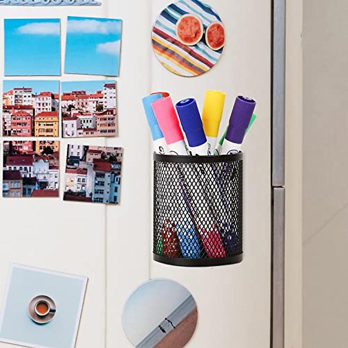 Aimeaihe Magnetic Pencil Holder, 2 Pack Mesh Magnetic Pen Holder for Refrigerator, Metal Writing Utensil Storage Organizer for Whiteboard, Black Locker Organizer for School, Office, Home