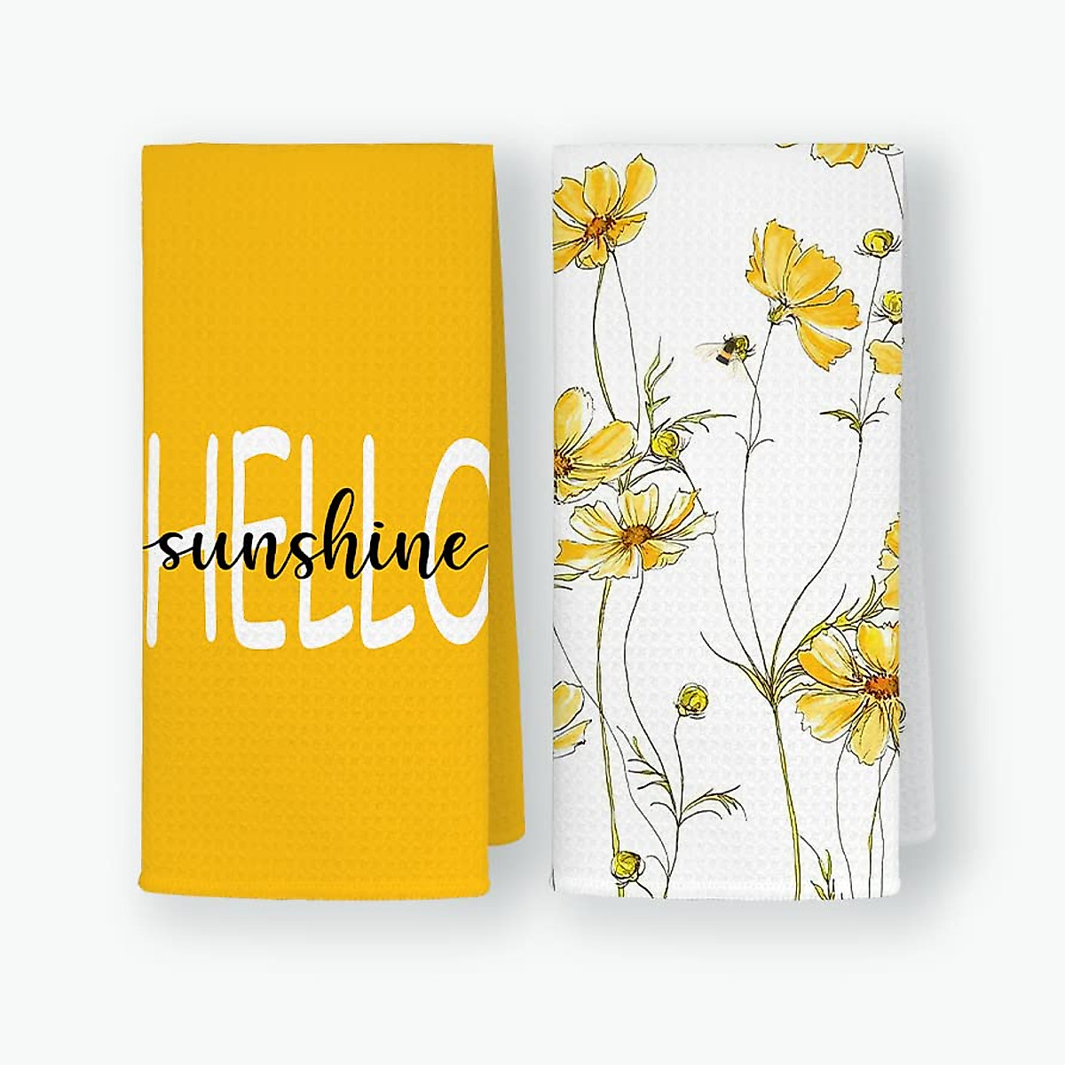 QODUNG Hello Sunshine Summer Spring Soft Kitchen Towels Dishcloths 16x24 Inch Set of 2,Hand Drawn Daisy Flower Drying Cloth Hand Towels Tea Towels for Kitchen