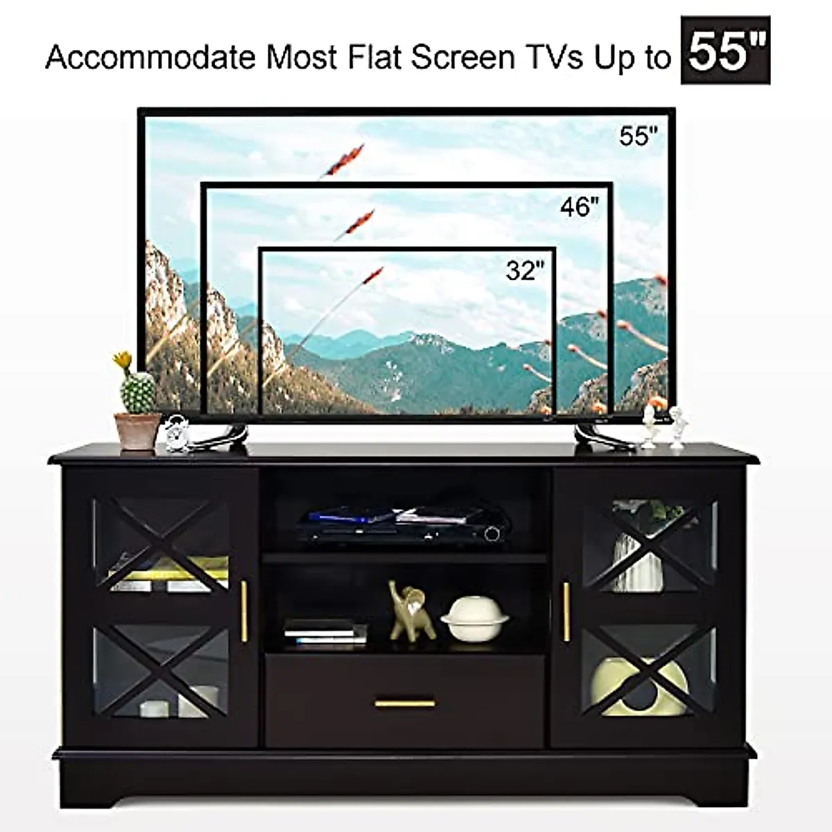 Tangkula Wood TV Stand with 2 Glass Door Cabinets, Media Console with Drawer & 2-Tier Adjustable Shelves, Living Room Entertainment Center for TVs up to 55 Inch, TV Console Table, Dark Brown