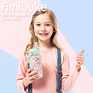 Fimibuke Kids Insulated Water Bottle - 14oz BPA-FREE Double Wall Vacuum Tumbler 18/8 Stainless Steel Leak Proof Cups with Straw Metal Bottle for School Boy Girl (2 Pack, UNICORN+WHITE DINOSAUR)