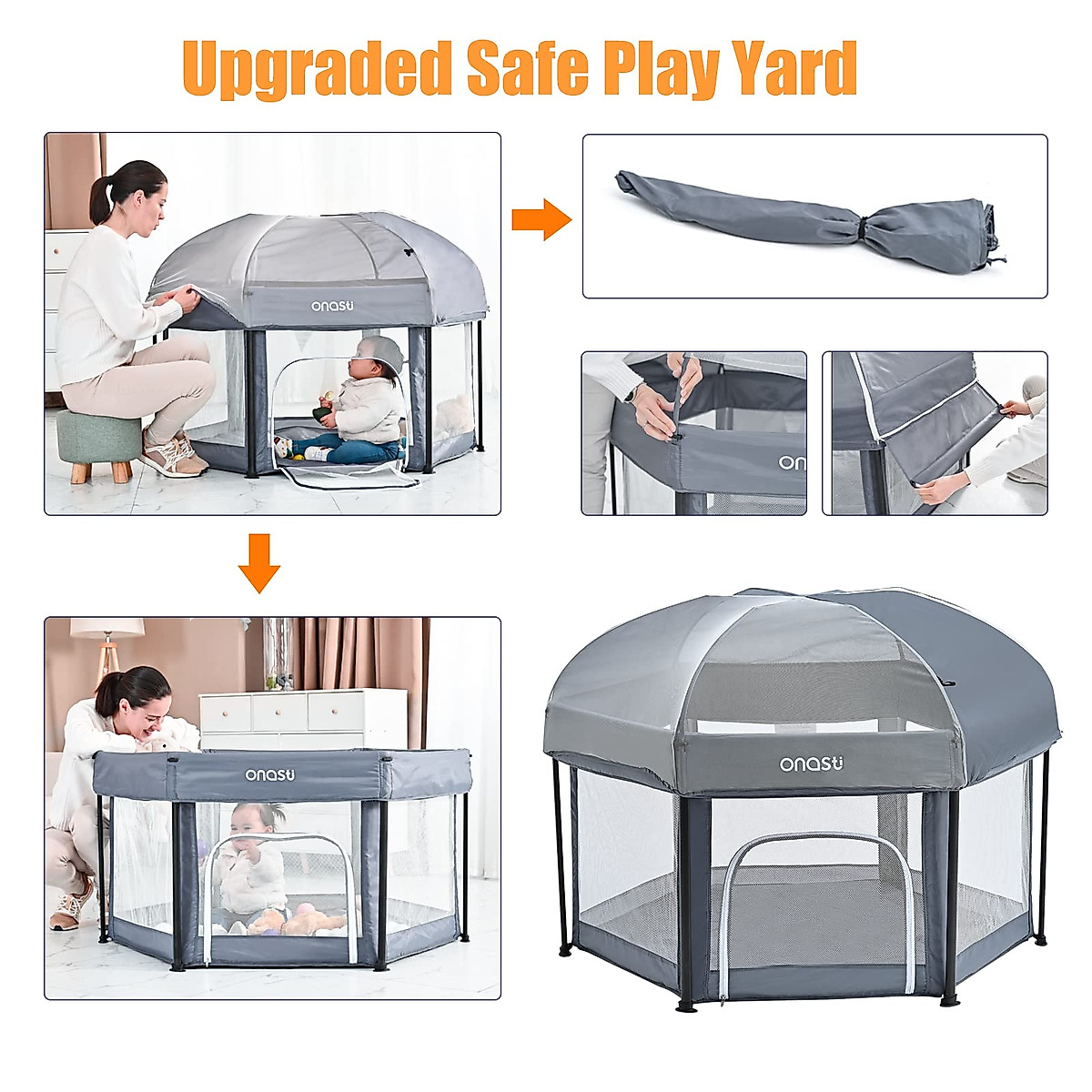 Baby Playpen Foldable Indoor & Outdoor, Onasti Play Yard with Children's Soft Mat, Compact Fence Packable Dome UV Protection, Suitable for Travel/Beach/Picnic Activity Center (Hexagon)