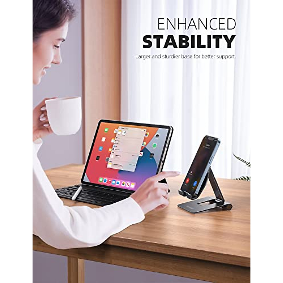 Lamicall Upgrade Super Stable Cell Phone Stand for Desk - Foldable Portable Aluminum Desktop Phone Holder Cradle Dock, Compatible for iPhone 14 13 12 Mini 11 Pro Xs Max Smartphones, Tablets 4-11"